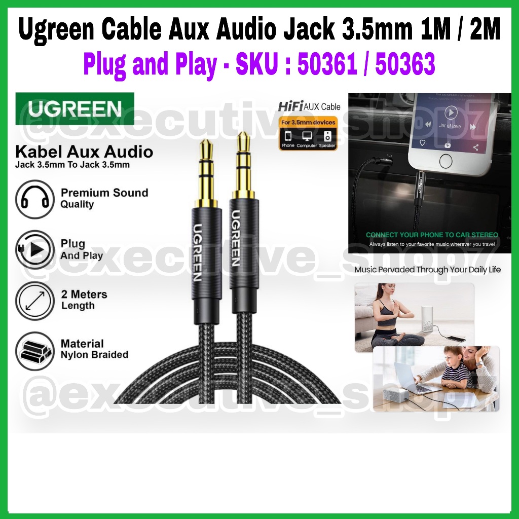 Ugreen 3.5mm 1M / 2M Aux Audio Jack Cable - Plug and Play - SKU: 50361/ ...