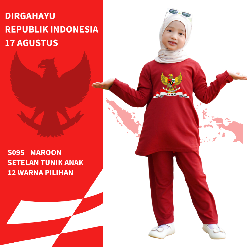 MERAH Hirihita S095 Muslim Suit Tunic One Set Long Red and White for Girls Children Merdeka ...