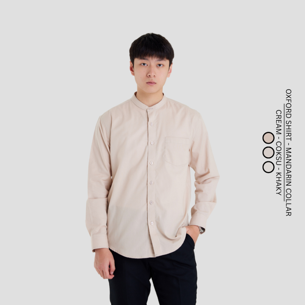 KEMEJA Cream long sleeve mandarin collar oxford shirt | Shopee Malaysia