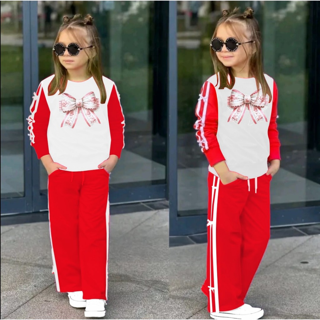 MERAH Girls' Red and White Clothes Set with Ribbon Pattern, Sweater and ...