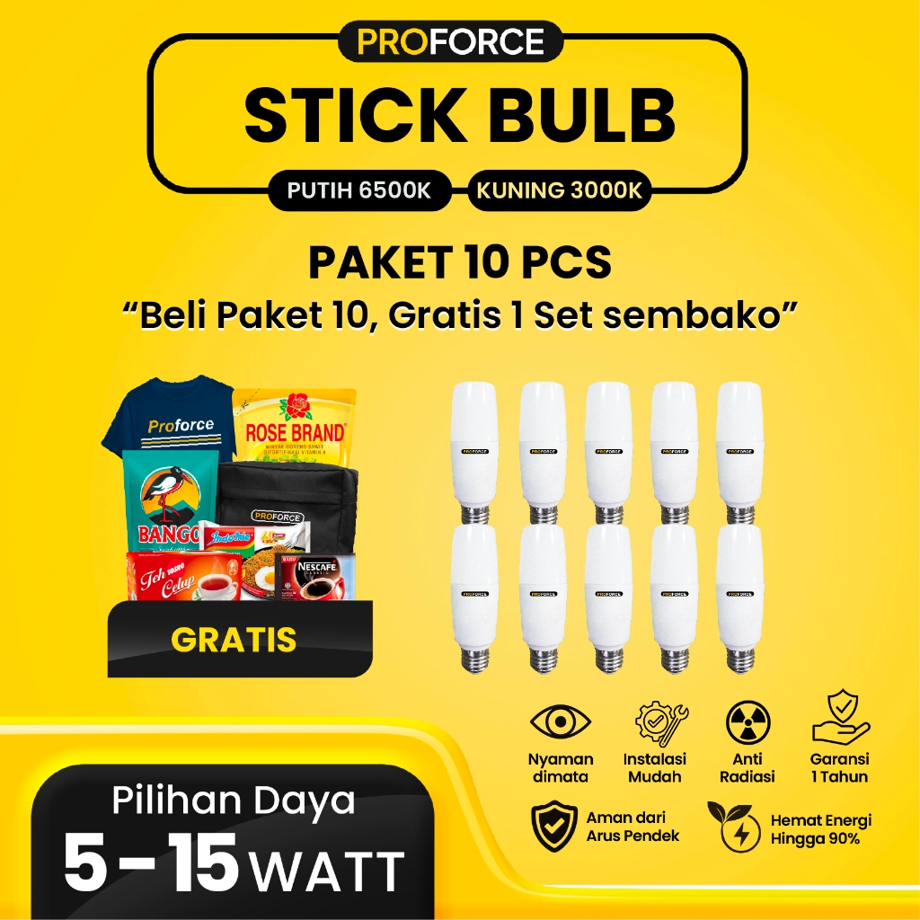 PUTIH Proforce Indonesia LED Light Stick Bulb 5/9/12/15 Watt White Color 6500K Package of 10 Pcs ...