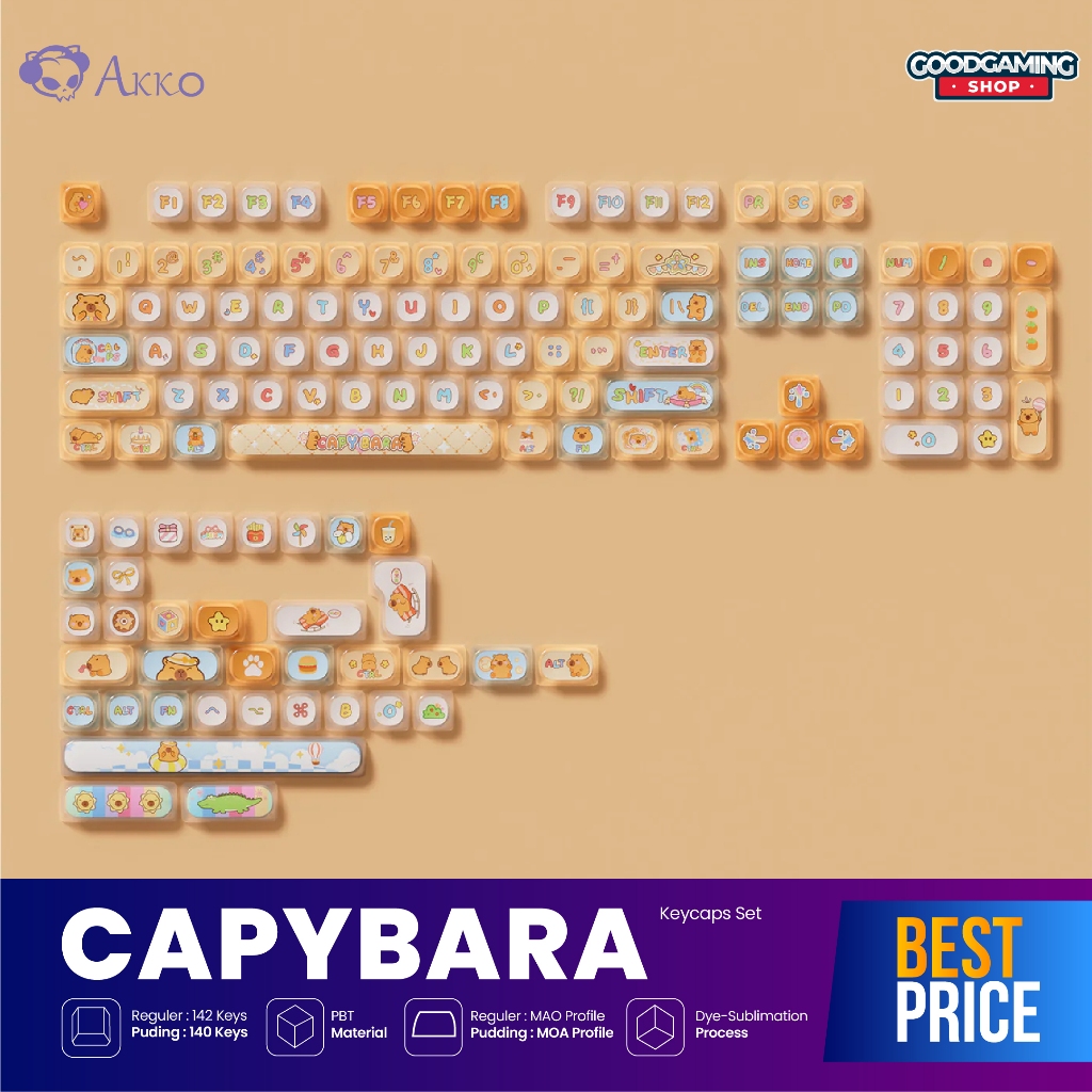 Akko Capybara Pudding Keycap Set 140-key PBT Dye-Sub on the top surface ...