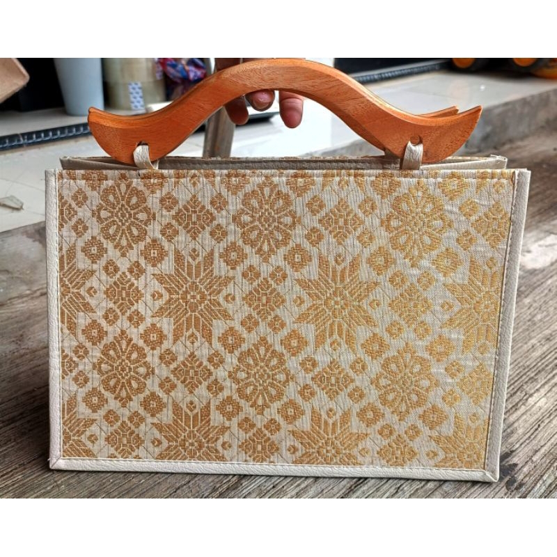 Full Woven Songket Cloth Wooden Handle Bag / High Premium Woven Songket ...