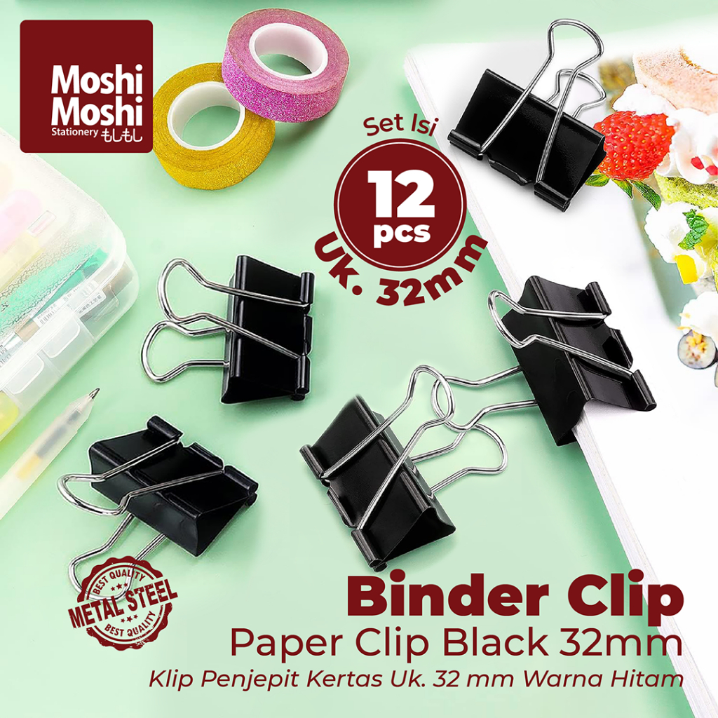 PERALATAN Paper Binder Clip 32mm Black Document Moshi Clip Paper Clip ...