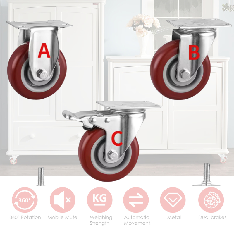 MERAH Red PU TROLY WHEELS CASTOR SWIVEL TROLY CABINET PLATE HEAVY DUTY ...