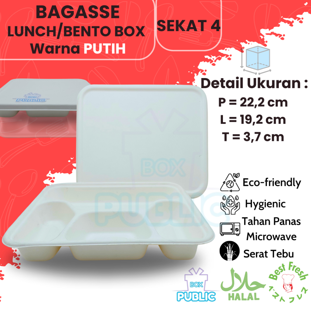 PUTIH Bagasse Bento Box 4 Compartments And Lid Bagasse Lunch Box 4 ...