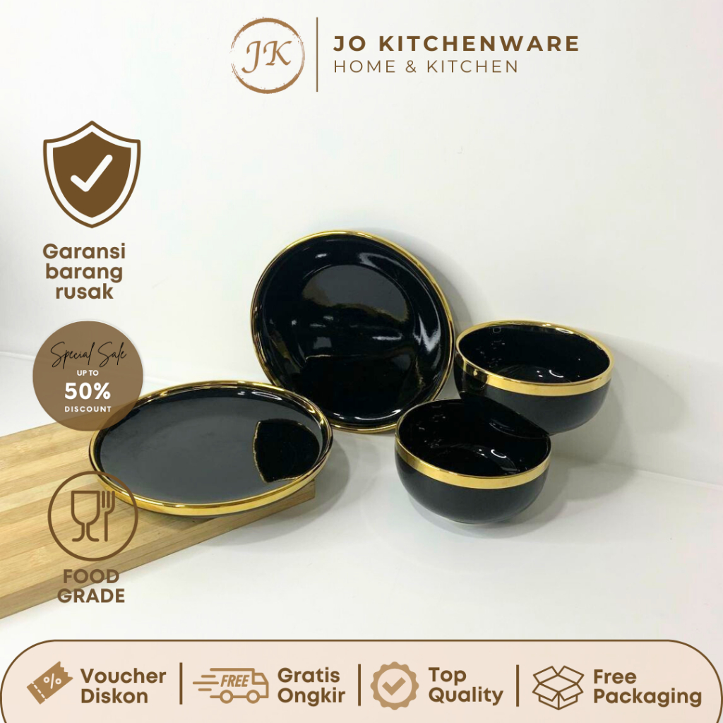 HITAM Set Dinner Premium Ceramic Lismas Black Bowl Plate / Elegant ...