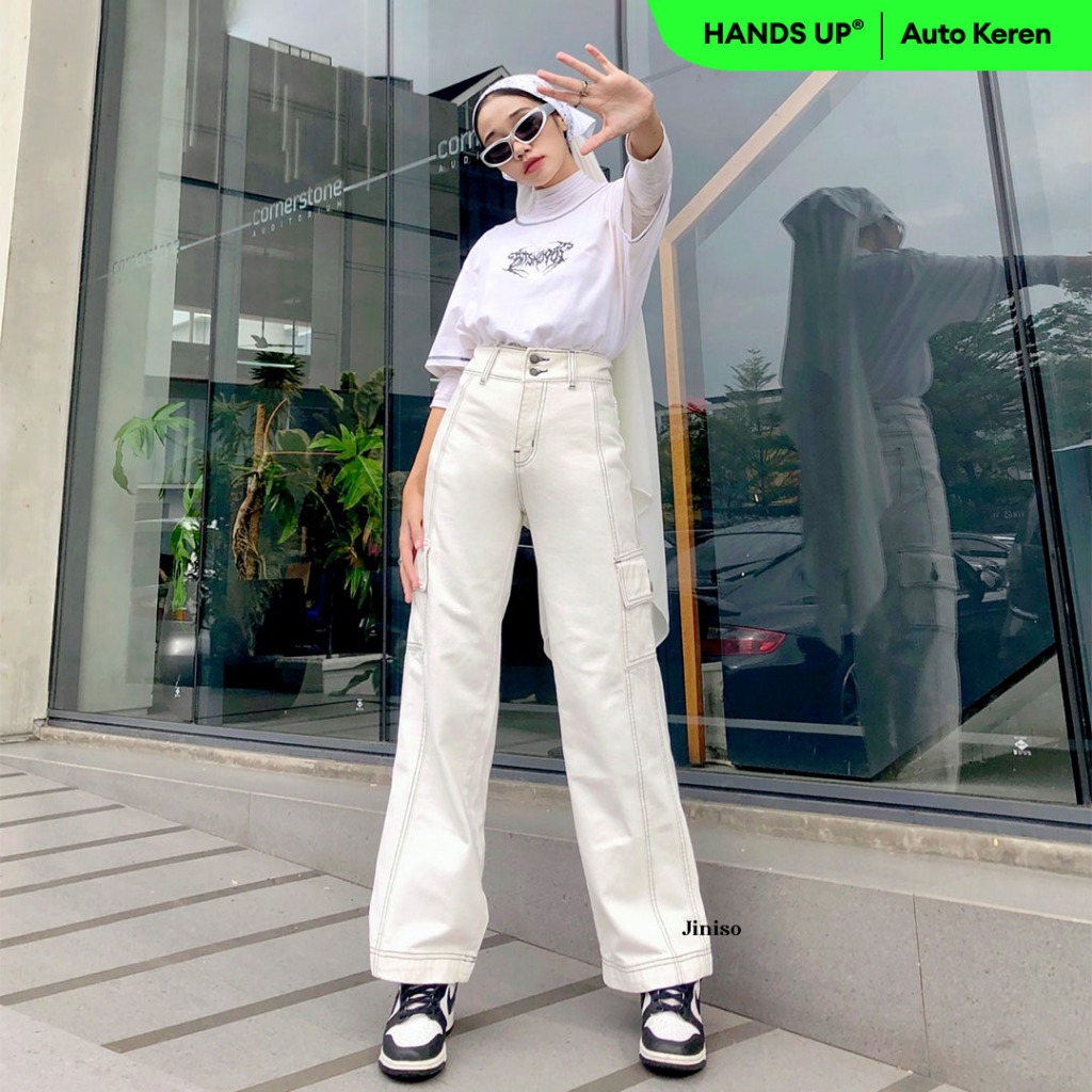 JINISO - Highwaist Cargo Loose Jeans 409 HANDS UP | Shopee Malaysia