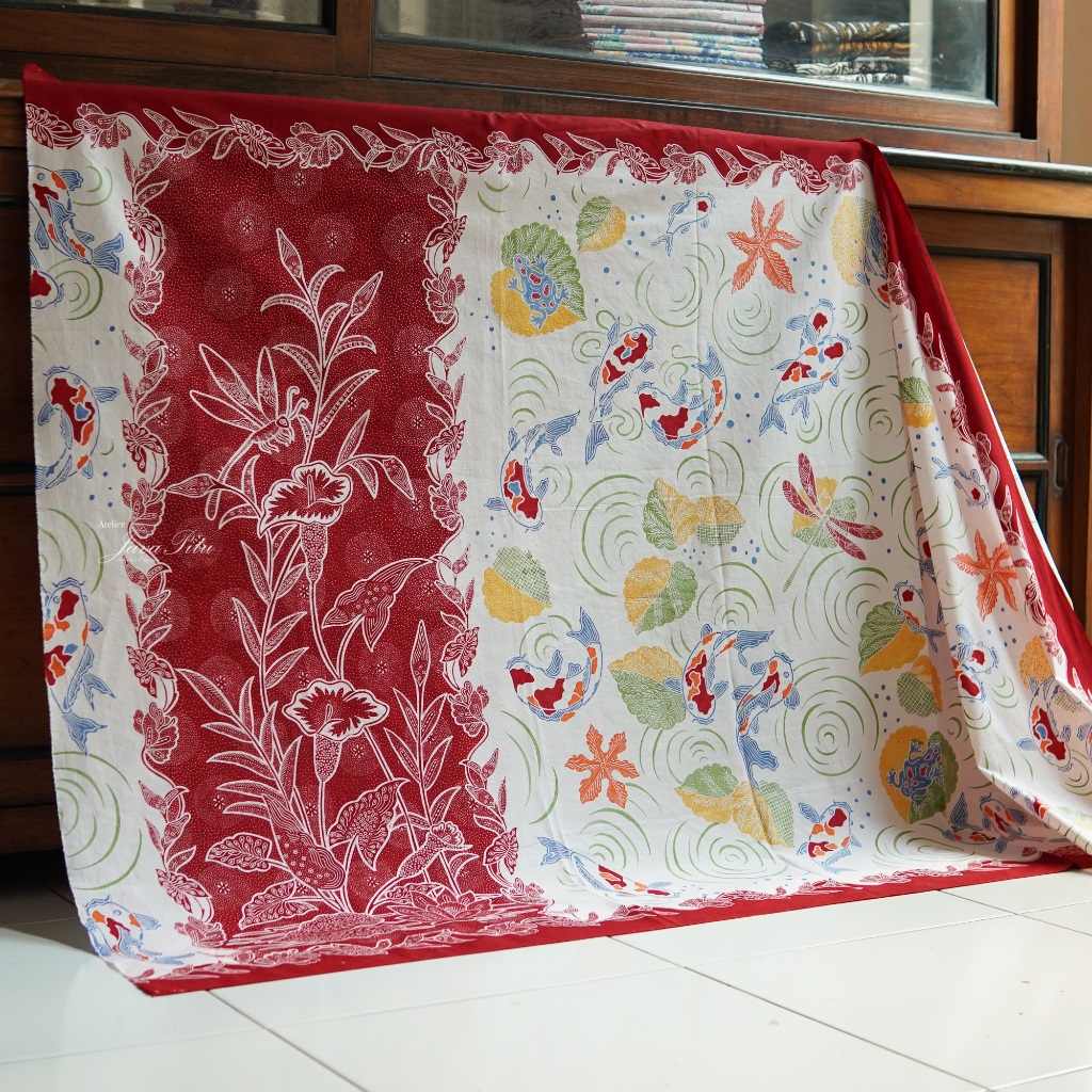 JavaPitu - Lotus Flower Koi Fish Written Stamp Batik Sarong - Handmade ...