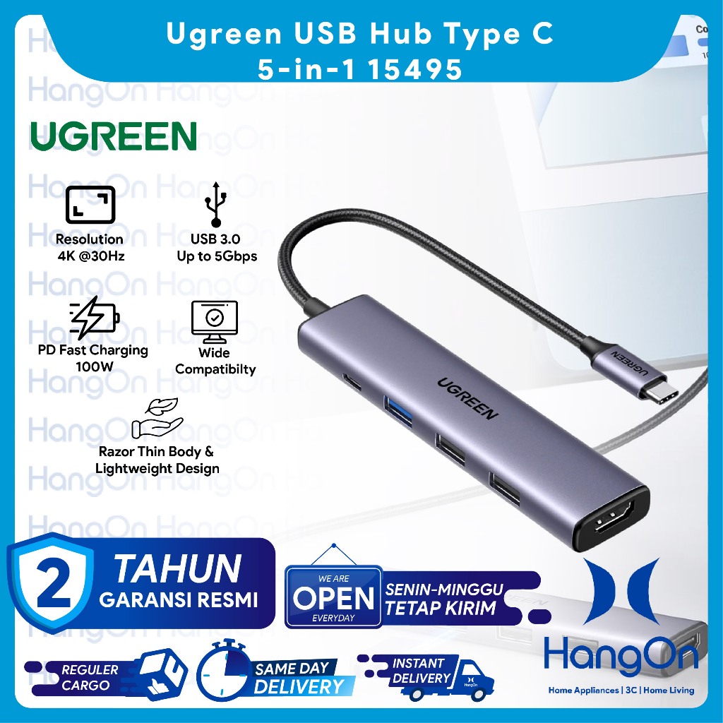 Ugreen 15495 USB Hub 5-in-1 Type C to USB A 3.0 / 2.0 USB-C Connector 5Gpbs High Speed Data ...
