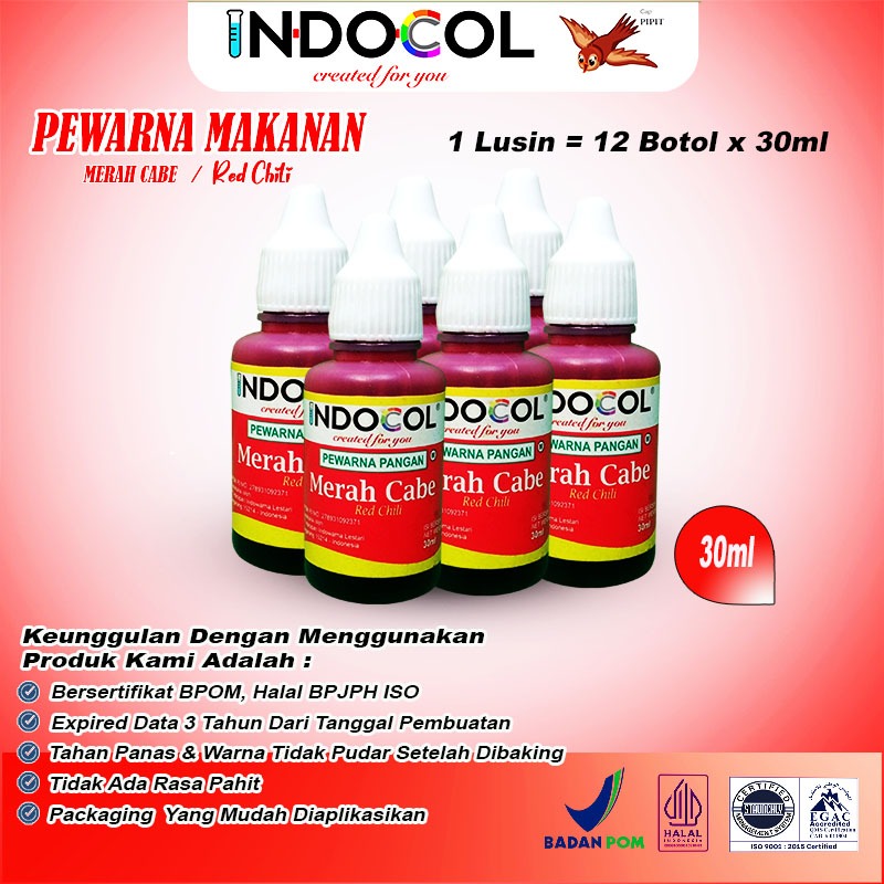 MERAH INDOCOL RED LIQUID DYEING CABE (1 DOZEN = 12 BOTTLES x 30ml ...