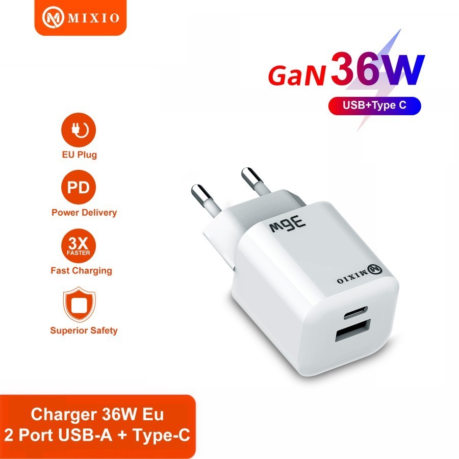 Mixio Charger 36W A+C Mini Design Type C + USB GAN PD Dual Port Fast ...