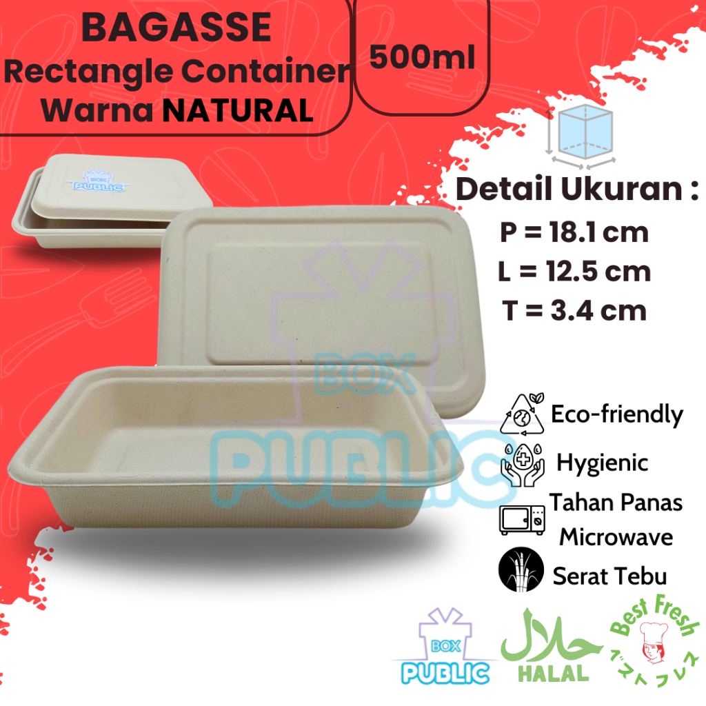 Bagasse Rectangle Container + Lid 500 ML Natural Color, Multi-Purpose Rectangular Lunch Box ...