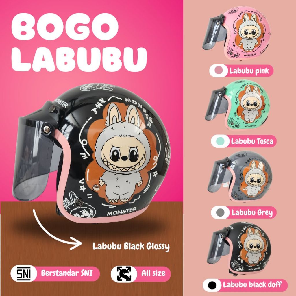 Adult Bogo Helmet Half Face Labubu Motif SNI HDS Helmet Retro Bun Hijab ...