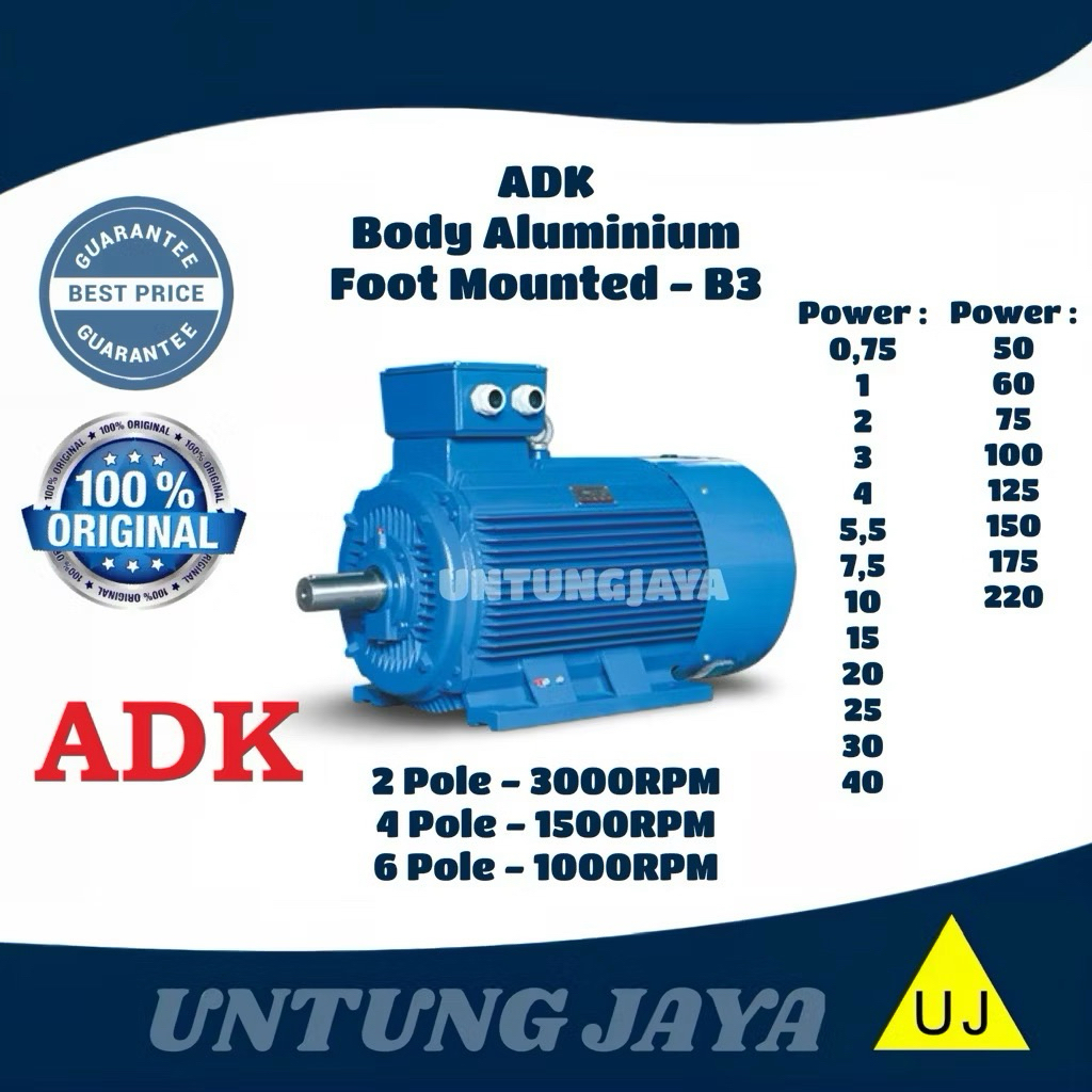 DYNAMO ELECTRO MOTOR ADK ALUMINIUM 3 PHASE 1/2 hp 4 POLE 1500 RPM ...