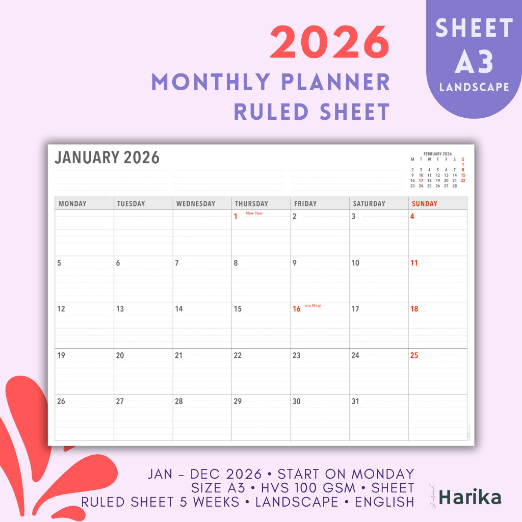 Monthly Planner 2026 | A3 | Ruled-Sheets | Shopee Malaysia