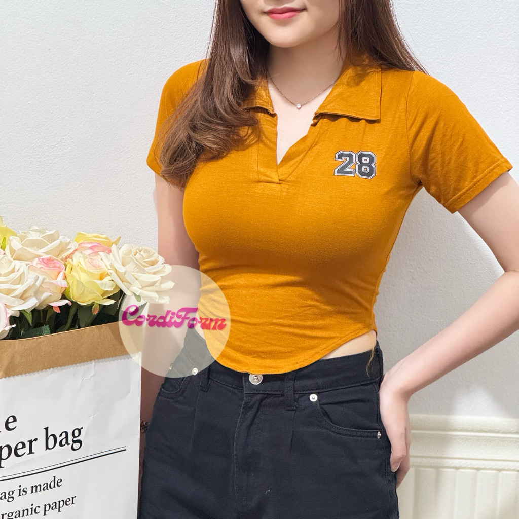 Women's Oval V-Neck Crop Top with Number Logo / DTF 28 Screen Printed ...