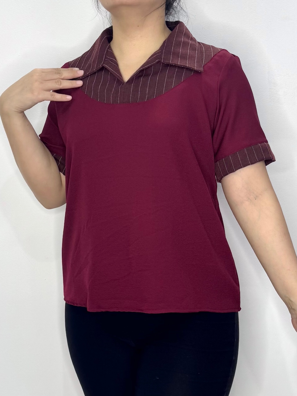 LVL - Blouse SellyWanita with Striped Combi Collar, Casual Top, Latest ...