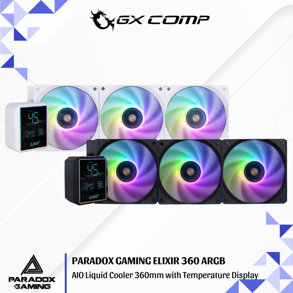 Paradox Gaming Elixir 360 ARGB Black & White AIO Liquid Cooler with LCD Display 360mm - Water ...