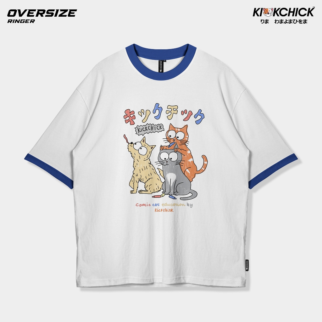 Kickchick Oversize Ringer Tee Comic Cat White Benhur | Short Sleeve T ...
