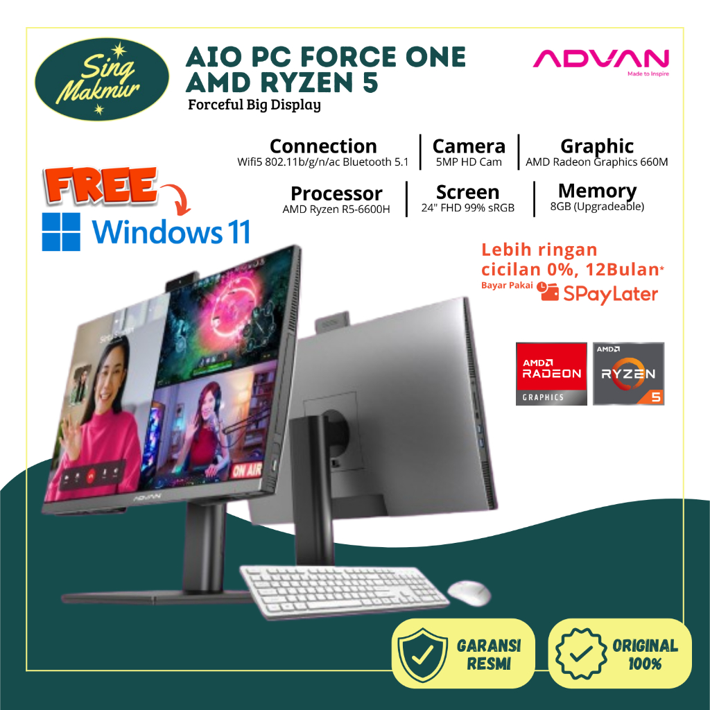 ADVAN Force One PC All in One PC AIO Ryzen 5 6600H 8GB 512GB 99% SRGB ...