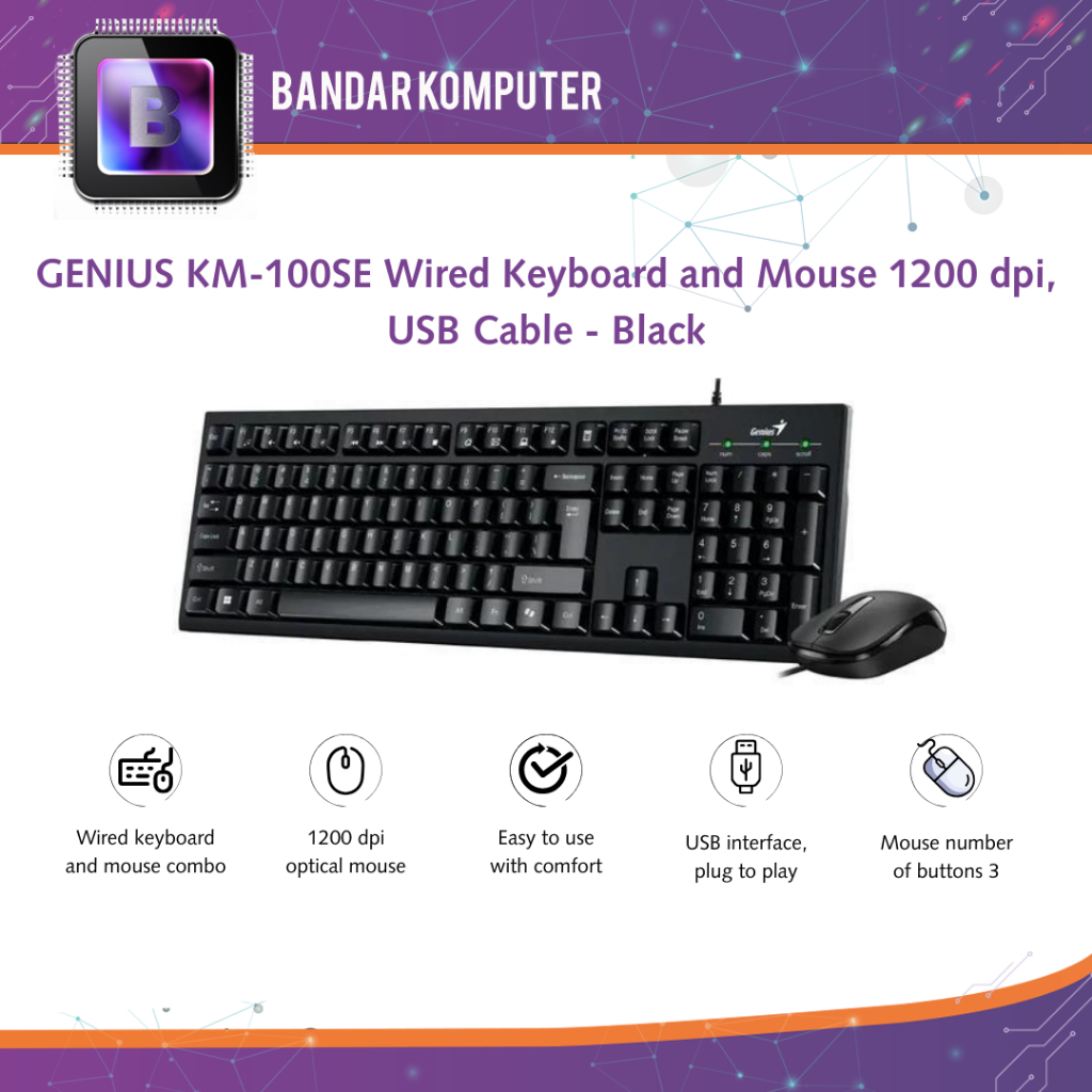 GENIUS KM-100SE Wired Keyboard and Mouse 1200 dpi, USB Cable - Black ...