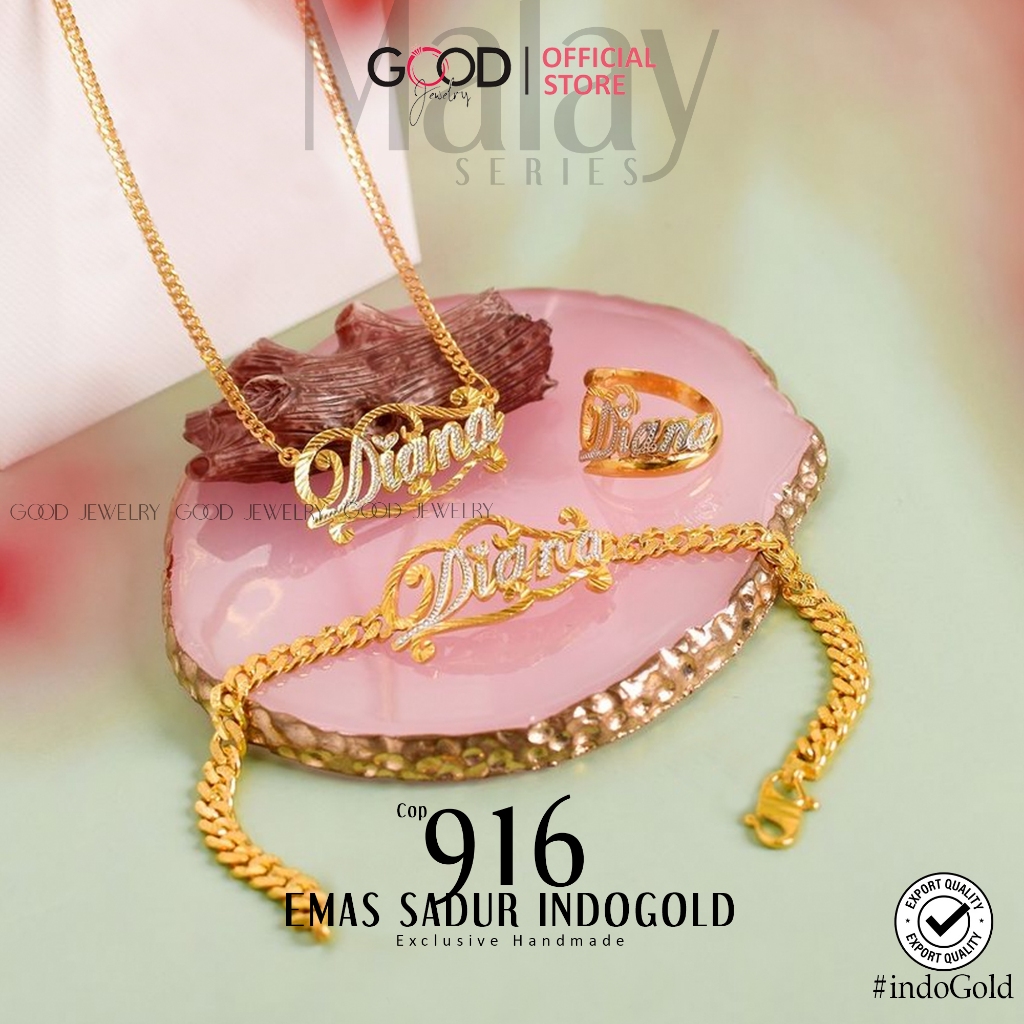 INDOGOLD Rantai Leher Ukir Nama Emas Sadur 916 Name necklace for women ...