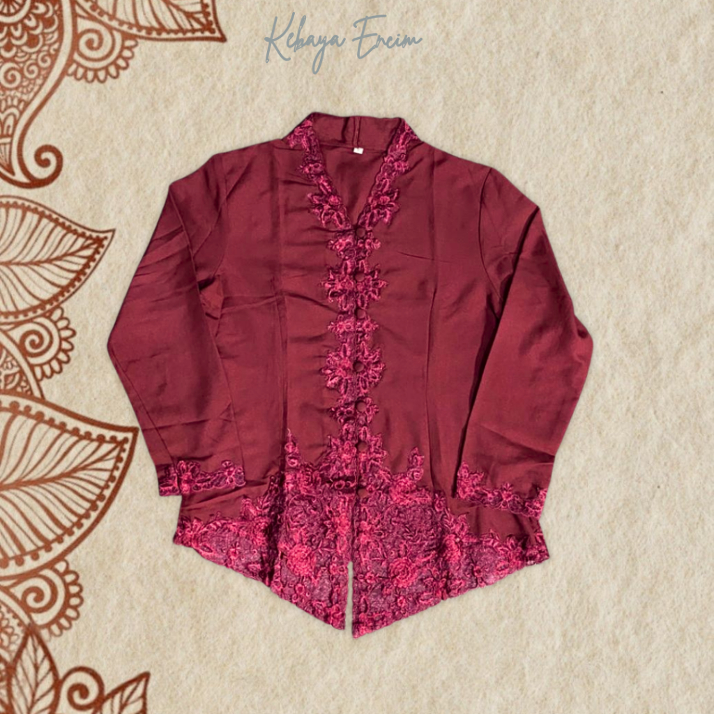 Long Sleeve Encim Kebaya with Maroon Embroidery, Matching for Adults ...