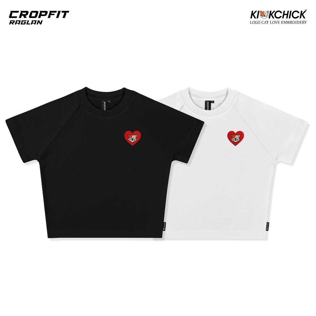 Kickchick Croptop Fit Logo Cat Love Embroidery Black & White | Crop ...