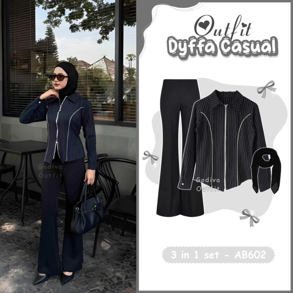 KEMEJA Godiva Outfit Simple Dyffa Zipper Shirt Stripe 3in1 Set Korean ...