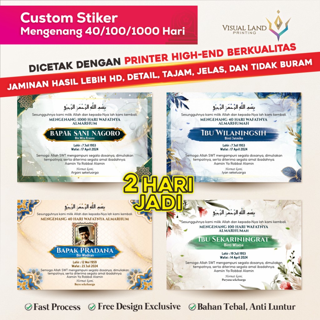 Print/ Cards, Tahlil Stickers, Tahlilan, Winning 40/s, 100/s, 1000 Days ...