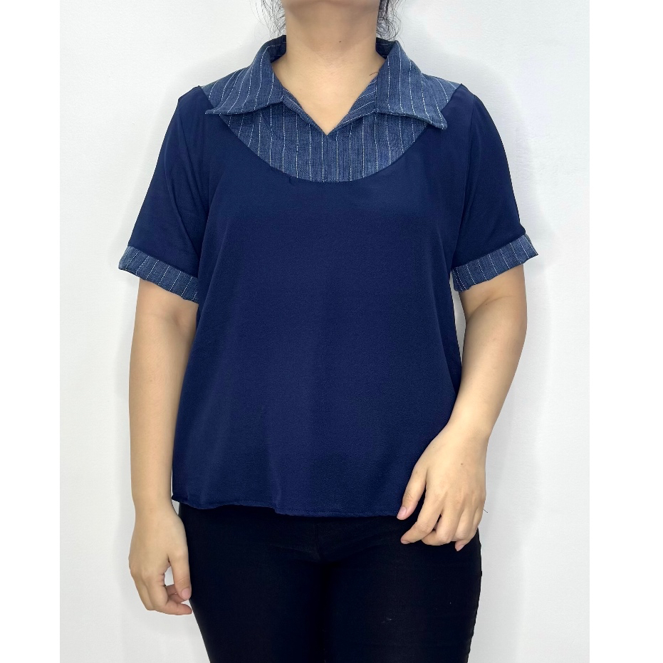 LVL - Blouse SellyWanita with Striped Combi Collar, Casual Top, Latest ...