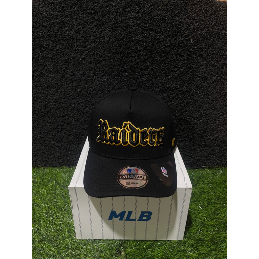 Raiders Logo Tulisan Hitam List Gold Bahan Hitam Topi Premium Pria ...
