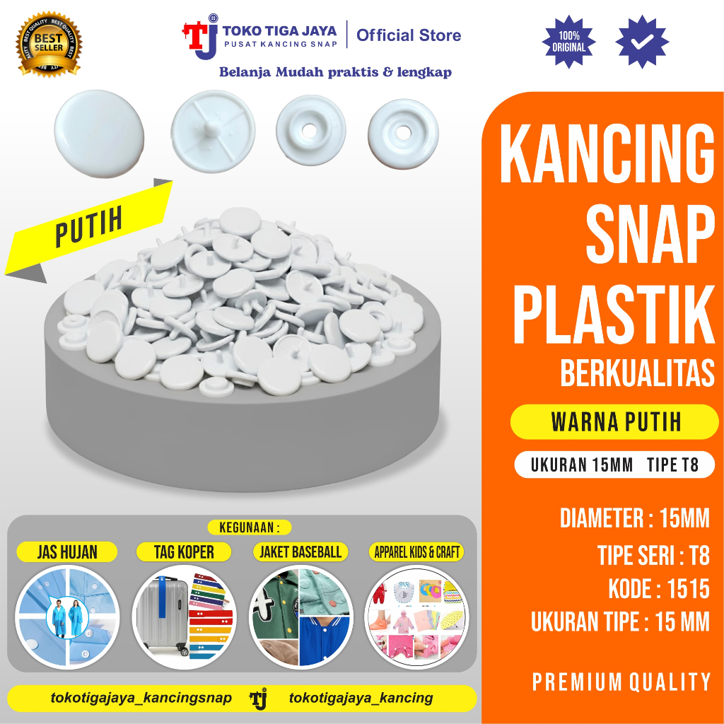 THREE JAYA SHOP Plastic Snap Buttons 1515 WHITE size 15mm T8 | Shopee ...