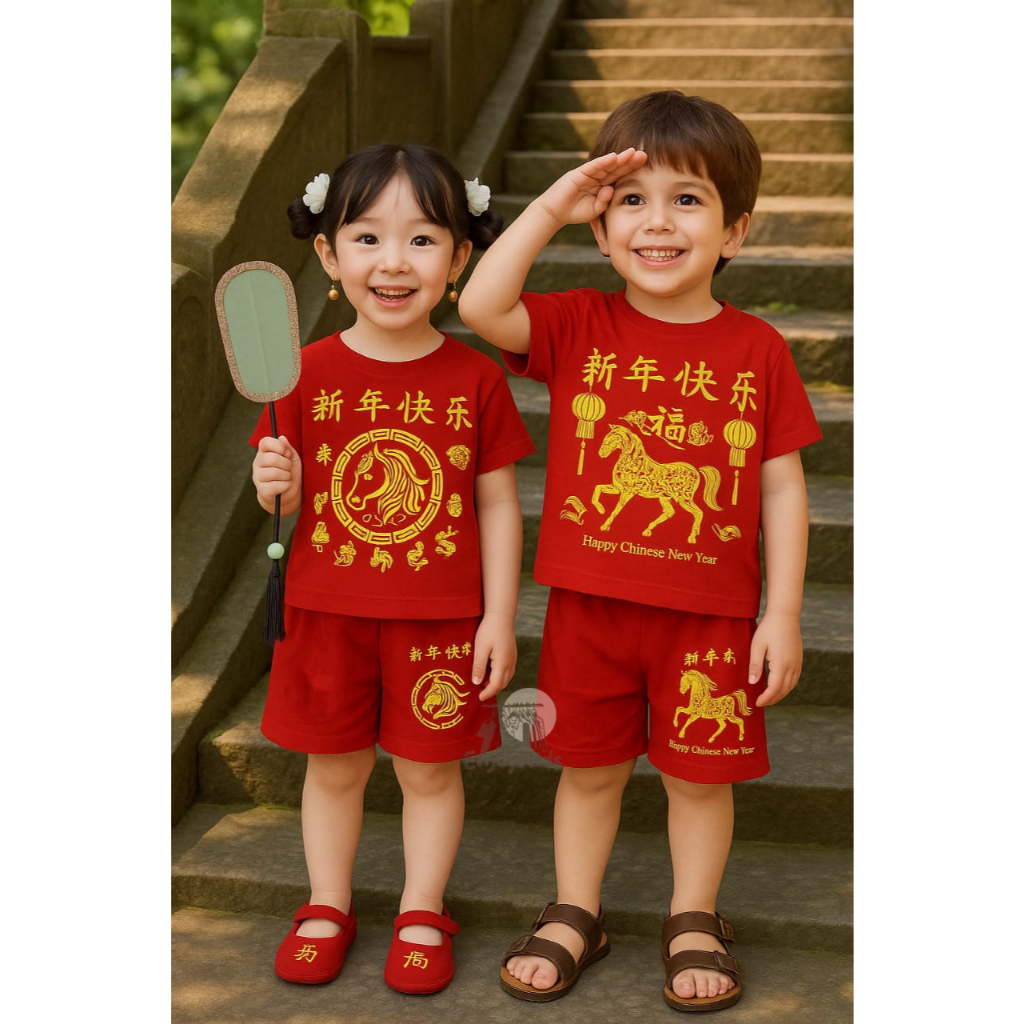 MERAH Unisex Red Chinese New Year Children's Suit with Horse Motif ...
