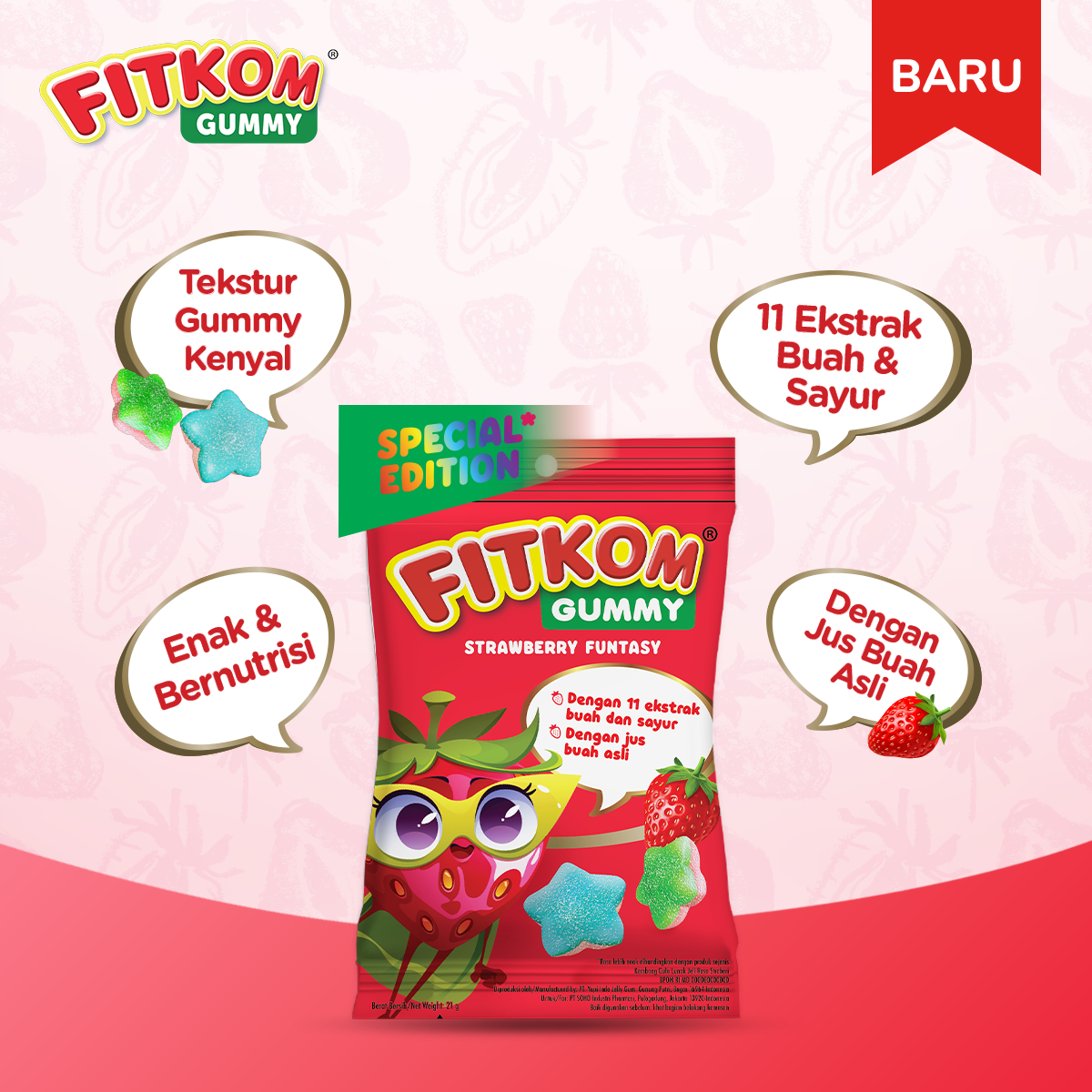 Fitkom Gummy Special Edition Strawberry Flavor 1 sachet Contains 7 pcs ...