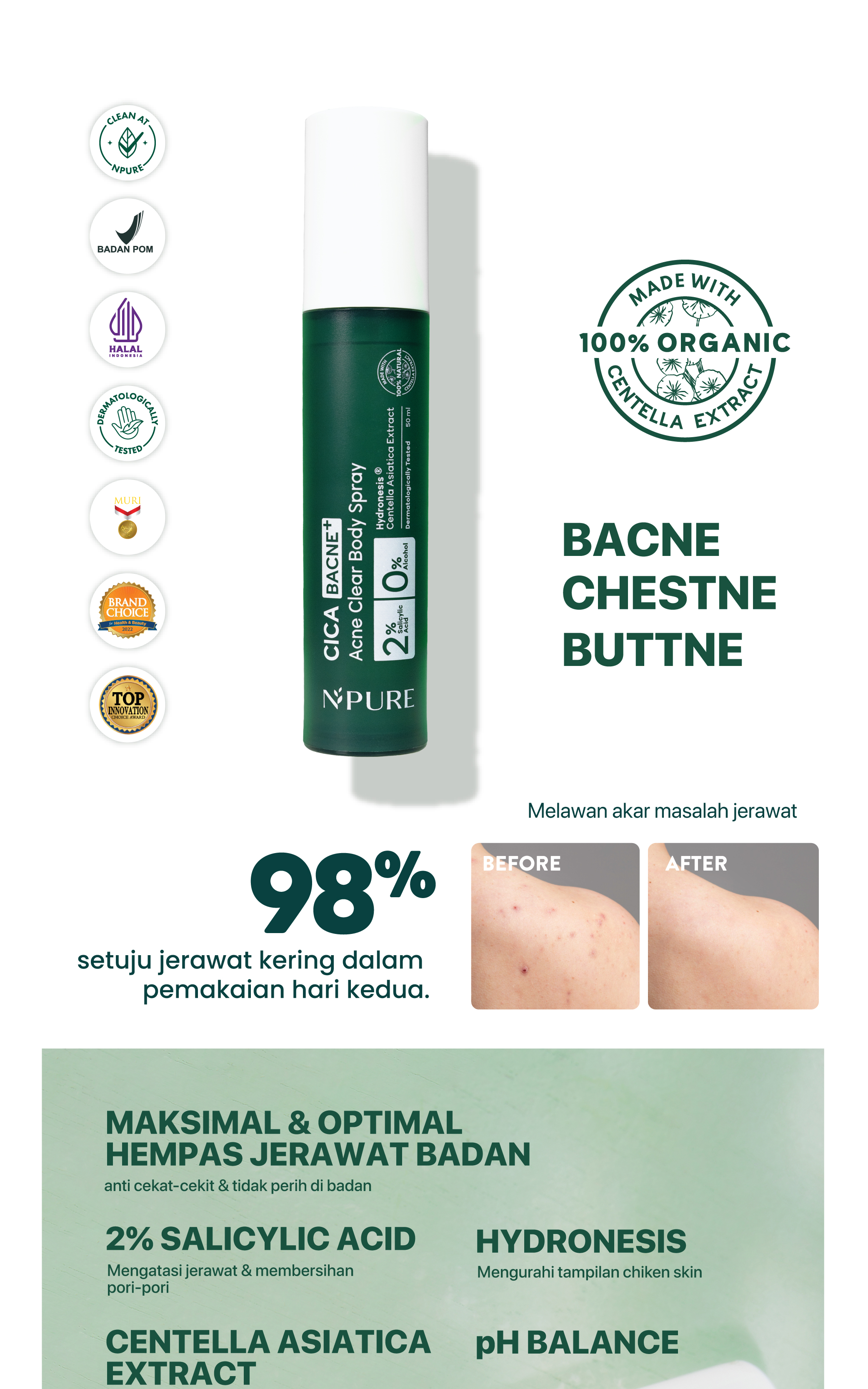 NPURE Cica (Centella) Bacne Spray 50 ML 2% Salicyllic Acid/ BHA/ Body ...