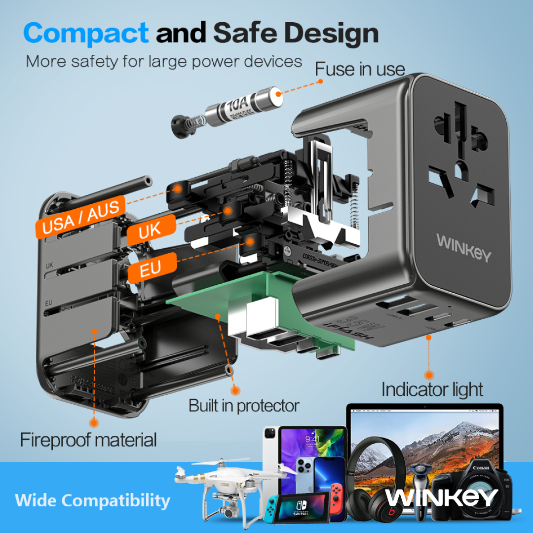 Winkey Universal Travel Adapter 35W PPS 5 Port USB & USB C PD - UTA02 ...