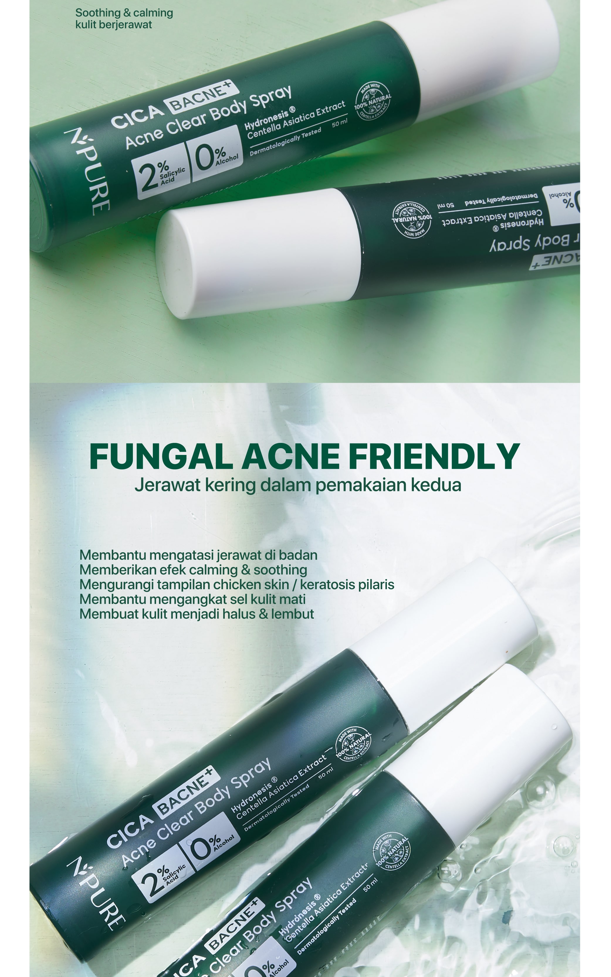 NPURE Cica (Centella) Bacne Spray 50 ML 2% Salicyllic Acid/ BHA/ Body ...