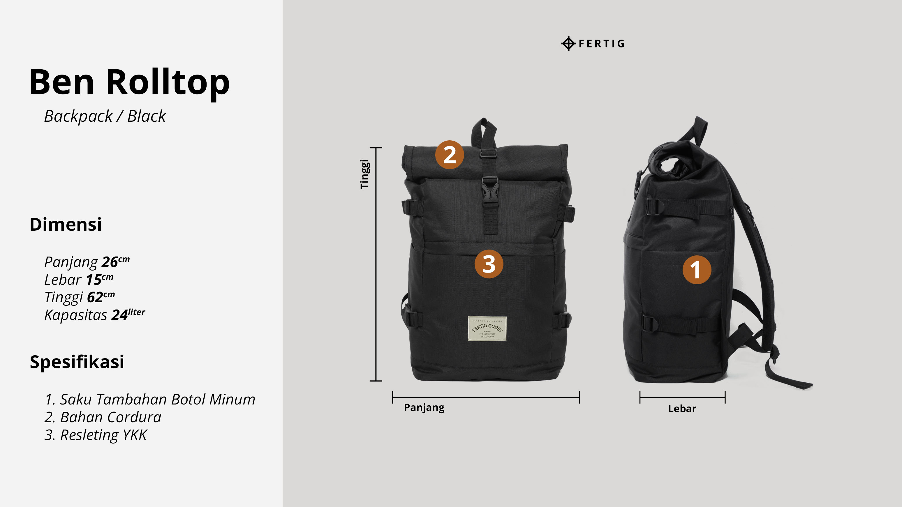 Fertig - Ben Black - Men's Women's Backpack - Rolltop Backpack - School ...