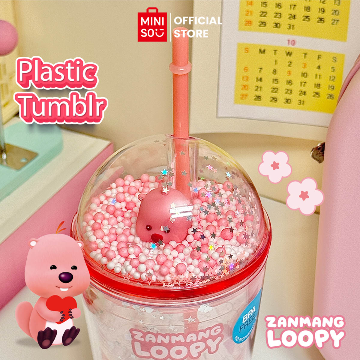 Miniso x ZANMANG Loopy Collection Bottle with Straw Plastic Bottle ...