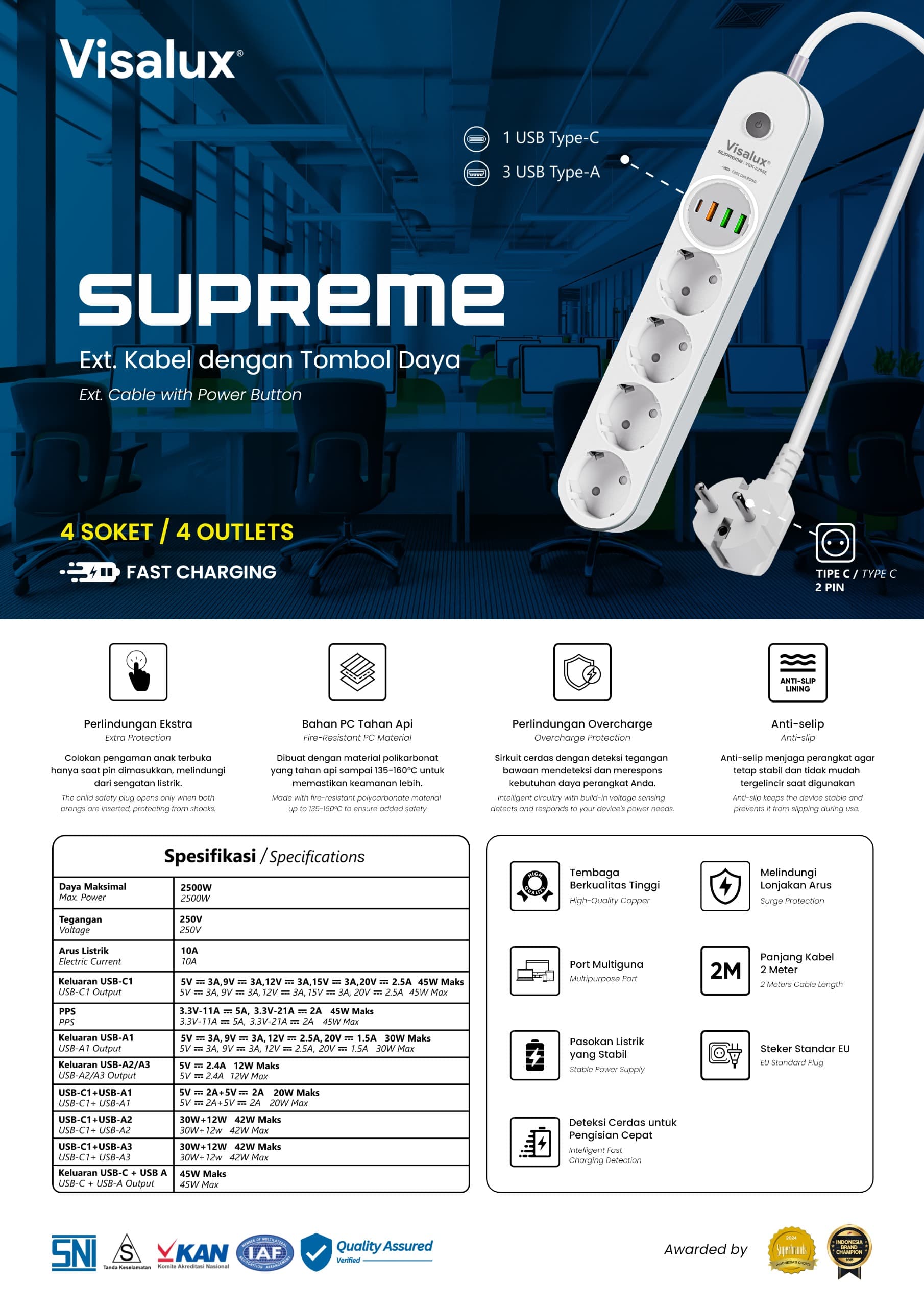 TOMBOL Visalux Extension Cable with Power Button Supreme (2 Pin) - 4L ...