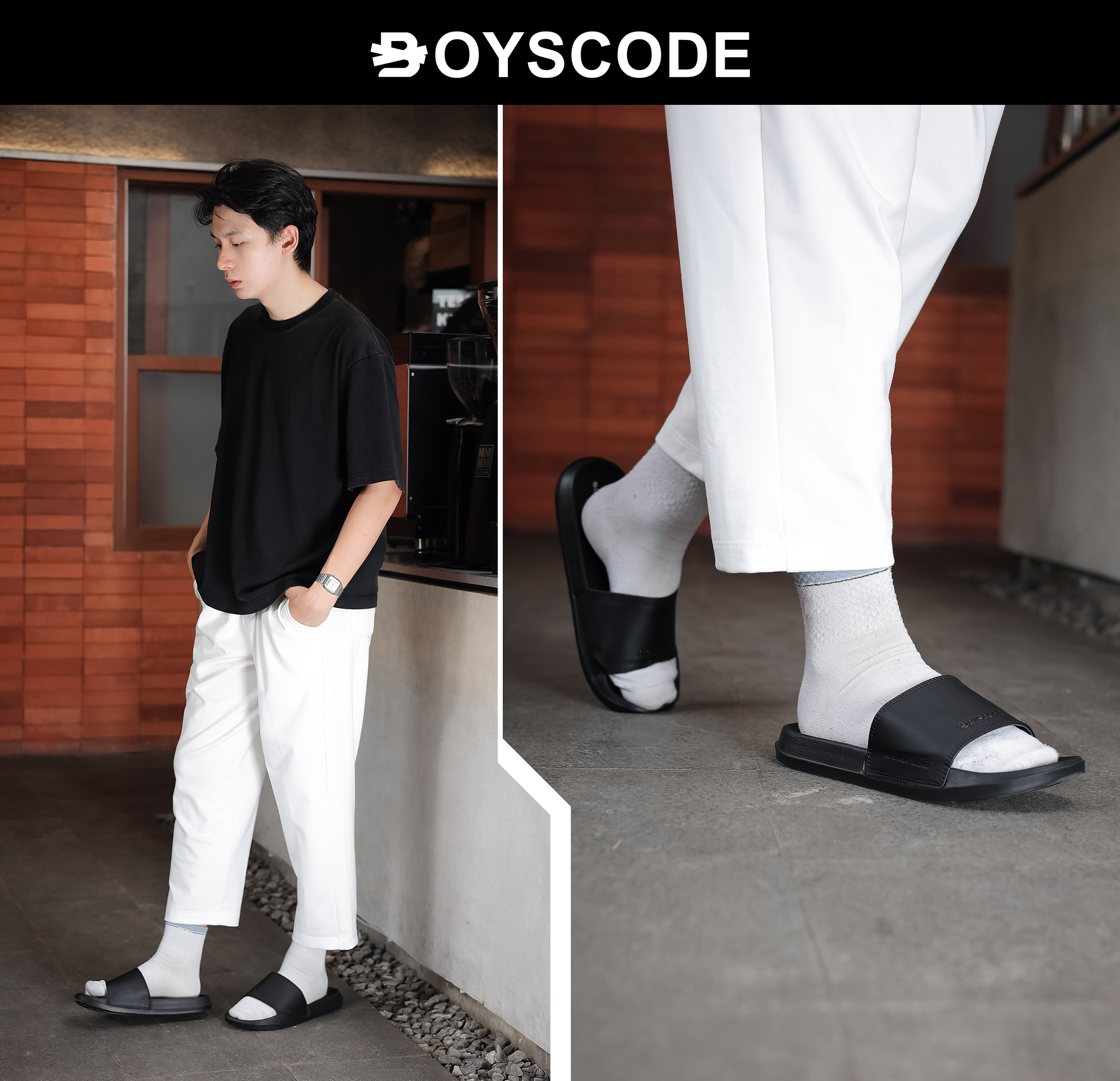 HITAM Boyscode Men's Women's Rubber Slide Sandals Mid Logo Emboss Black ...