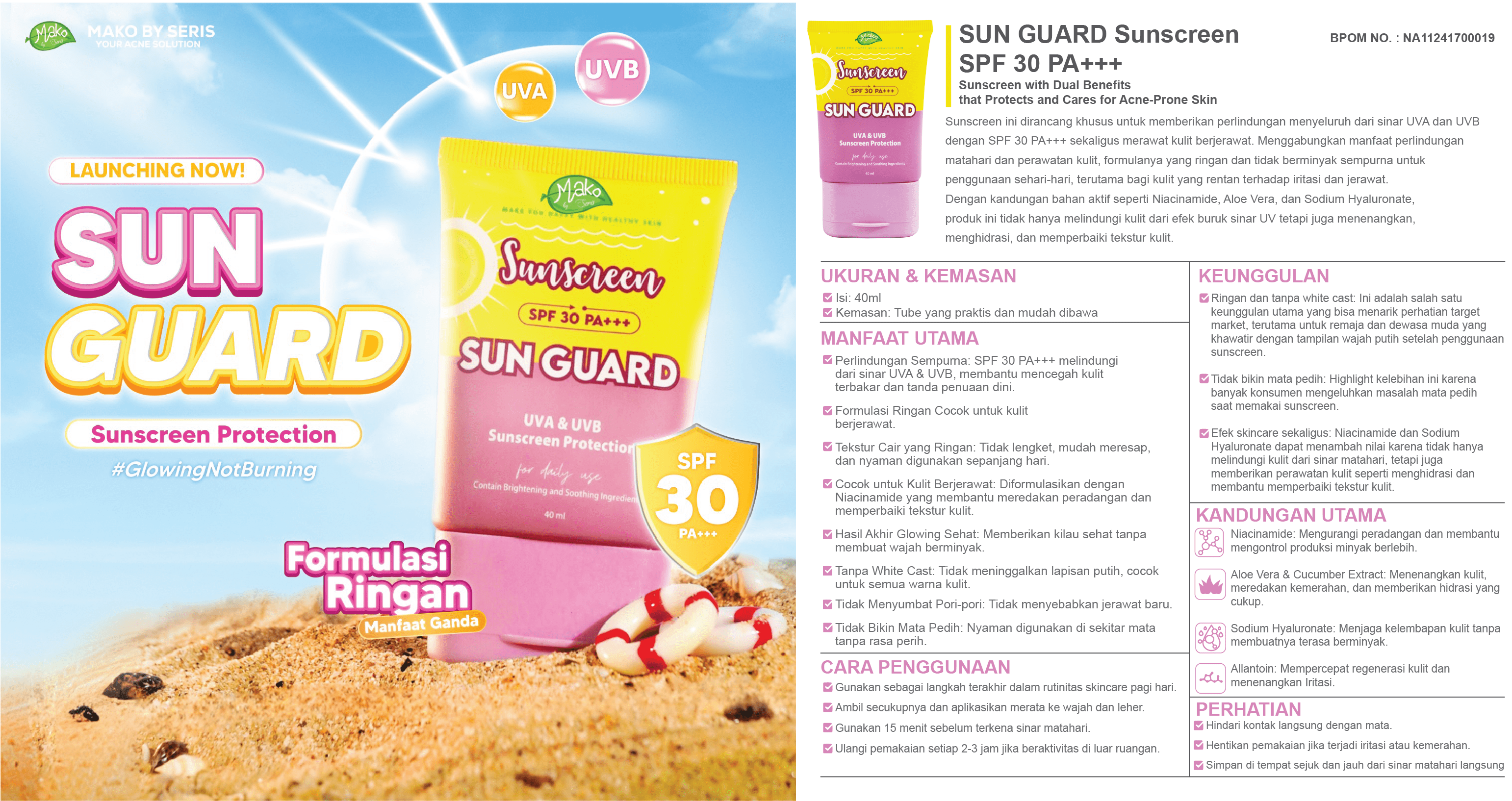 Mako by Seris Sunscreen SPF 30 PA+++++ 40ml Sunguard Acne Calming Acne ...