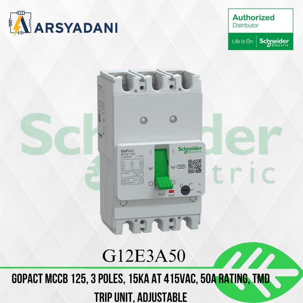 G12E3A50 - GoPact MCCB 125, 3 polish, 15kA at 415VAC, 50A rating, TMD trip unit, adjustable ...
