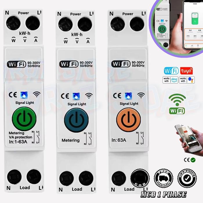MCB 1 Phase 63 A Automatic Electric Din Rail 300V Smart WiFi kWh Meter ...