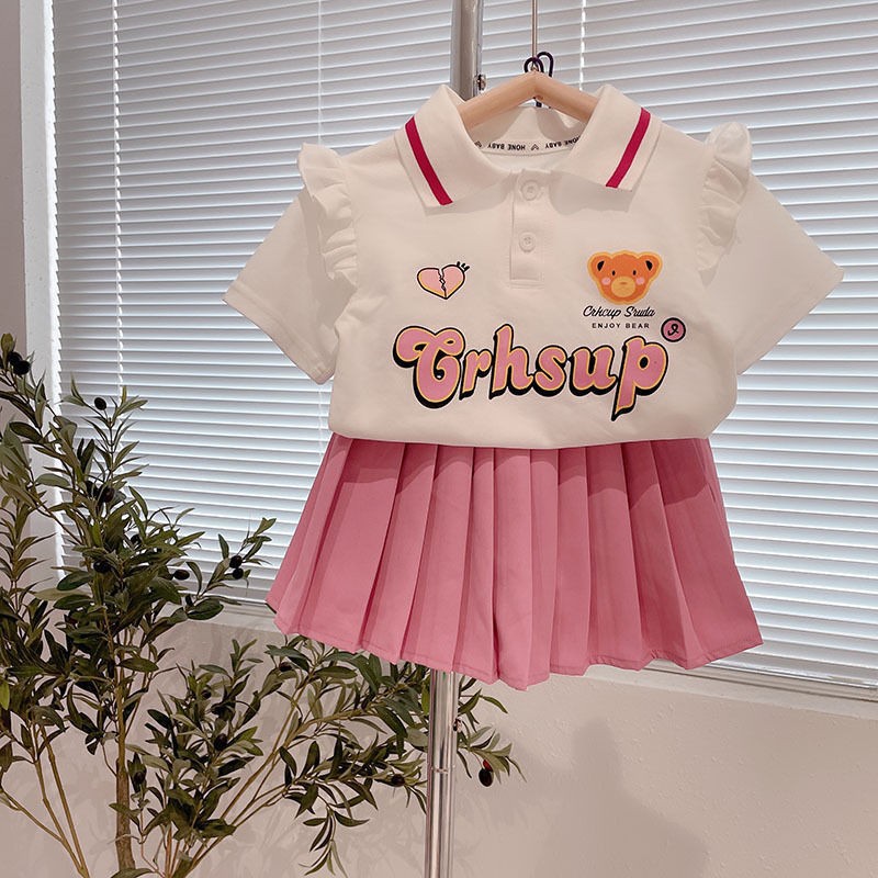 Girls Fashion Outfit Leisure Short Sleeved Polo Shirt Pleated Skirt