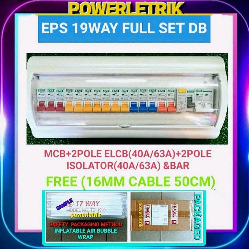 NES / EPS 40A/63A FULL SET 19 WAY DB BOX WITH ELCB ISOLATOR(Main Switch) MCB & BAR SINGLE PHASE ...