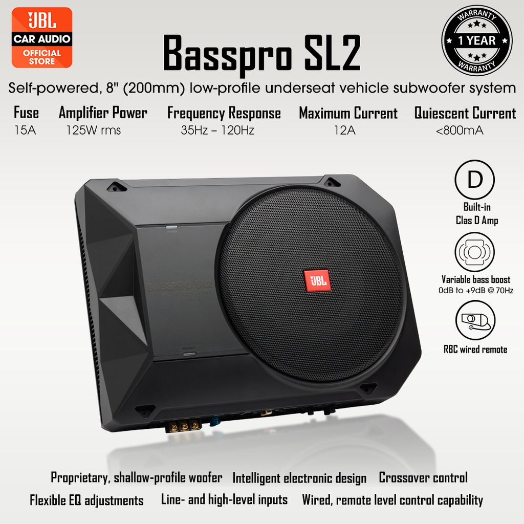 JBL Basspro SL2 Under-Seat Powered Active Subwoofer Included Controller ...