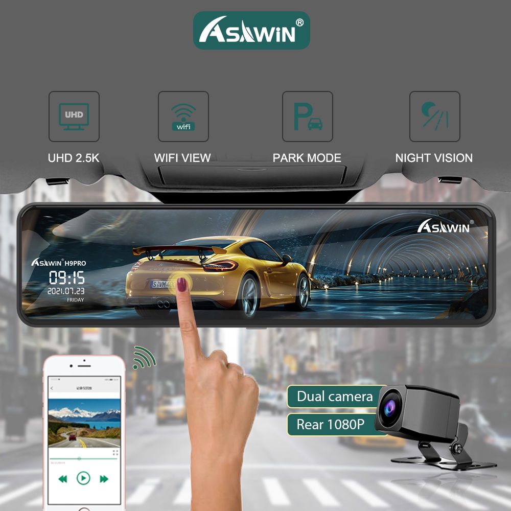 Asawin H9pro-st 2k-1080p Rear View Mirror Dash Cam Front And Rear For 